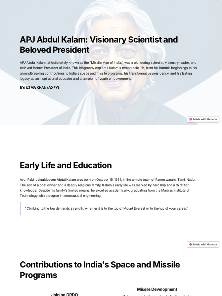 APJ Abdul Kalam Visionary Scientist and Beloved President | PDF