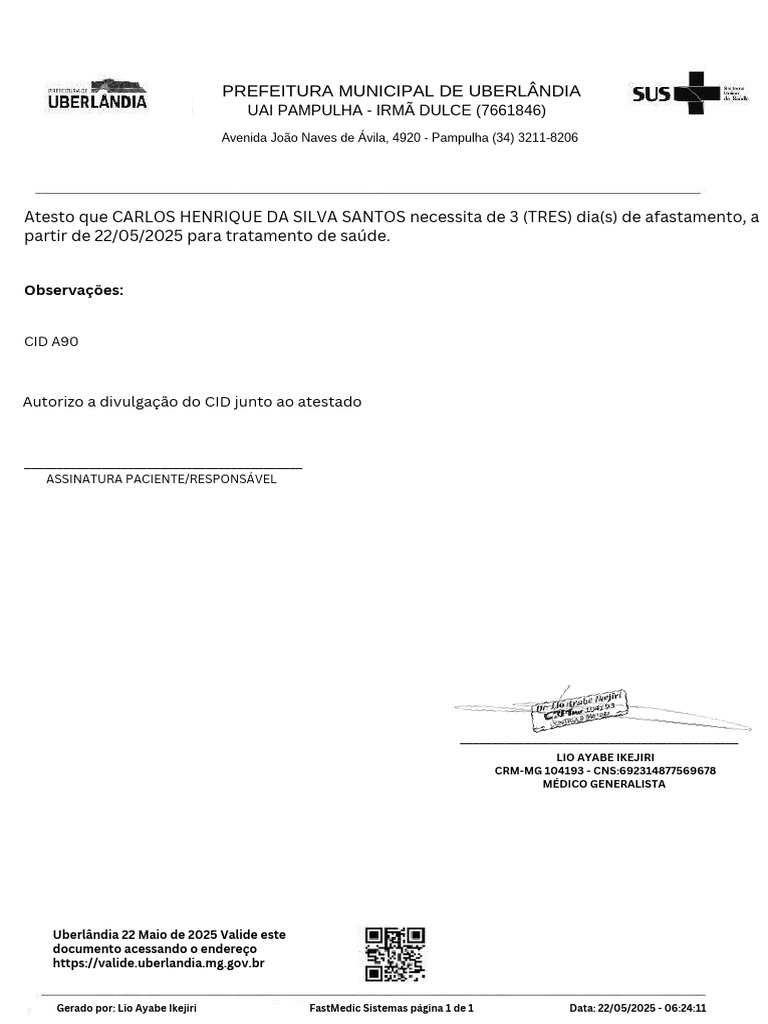 Atesto Que EVELYN GABRIELLY IGLESIAS Necessita de 1 (UM) Dia(s) de ...