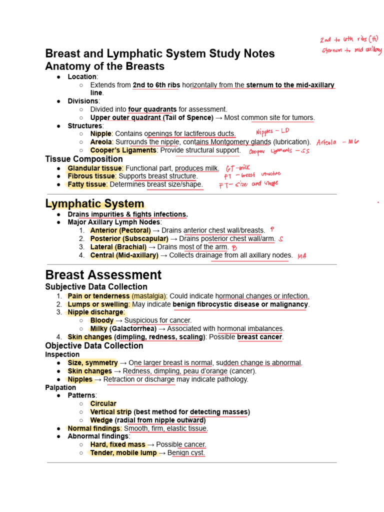 Breast and Lymphatic System Study Notes | PDF | Breast | Breast Cancer