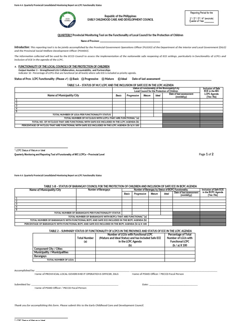 ECCDC Form 4.4. Quarterly Monitoring of Prov of MC LCPC Status | PDF