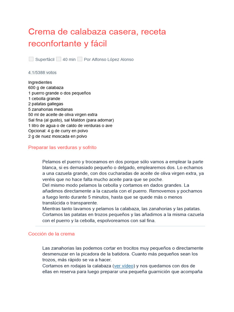 Crema de Calabaza Casera | PDF | sal | Cocina