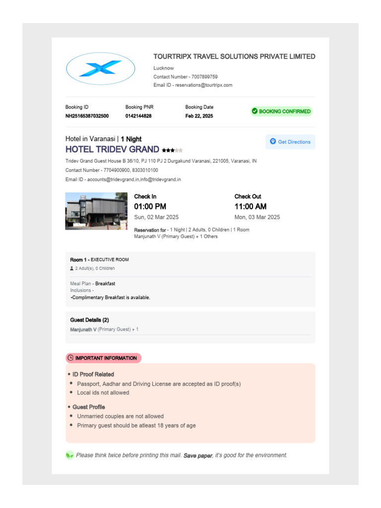 Manjunath V Hotel TRIDEV GRAND, Varanasi | PDF