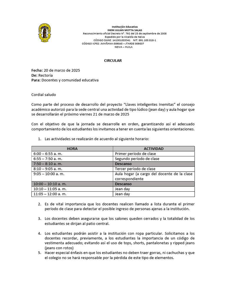 Actividad Lúdica en INEM: Jean Day 2025 | PDF