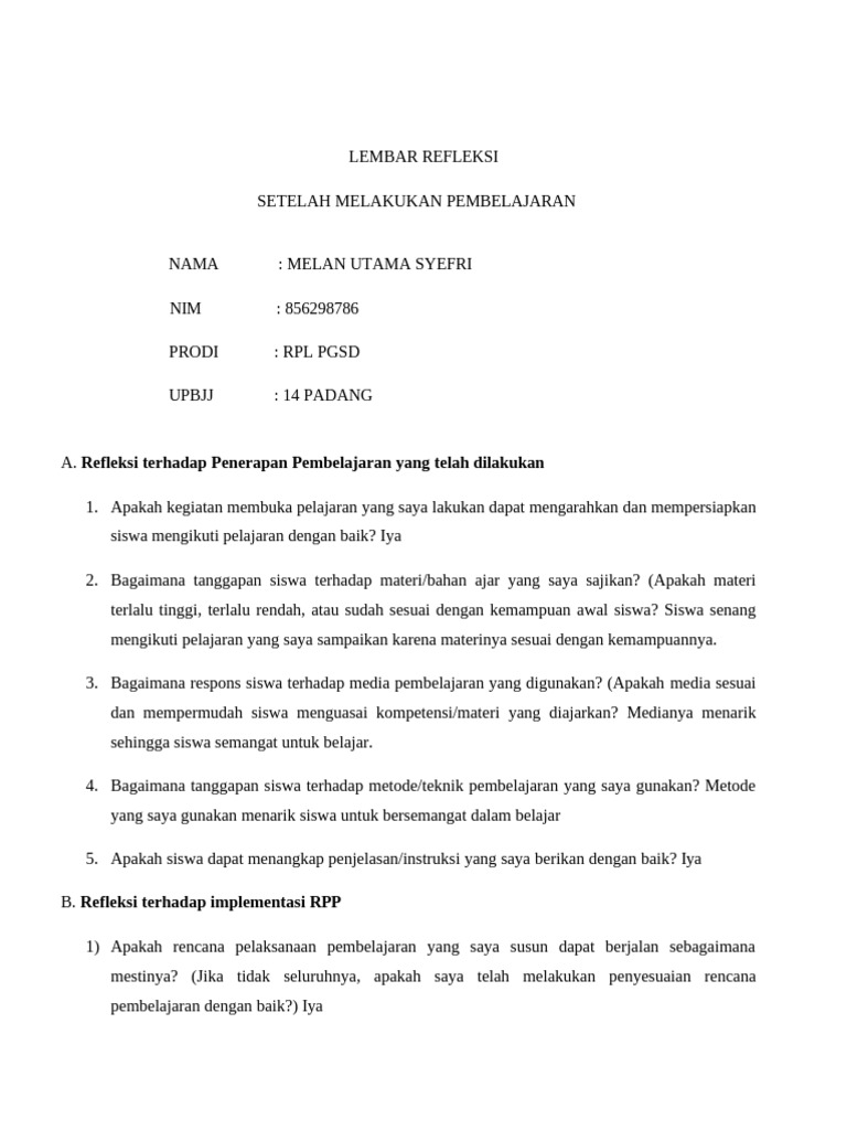 Lembar Refleksi Setelah Melakukan Pembelajaran Dan Link Video Praktik | PDF