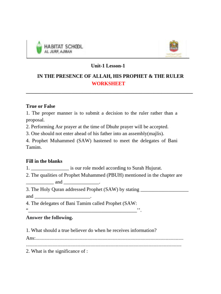 Worksheet - in The Presence of Allah, His Prophet & The Ruler | PDF ...