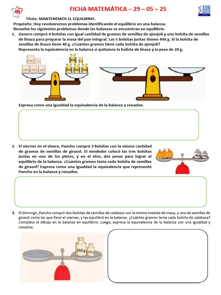 Ficha de Matemática Jueves 29 | PDF | Balanza