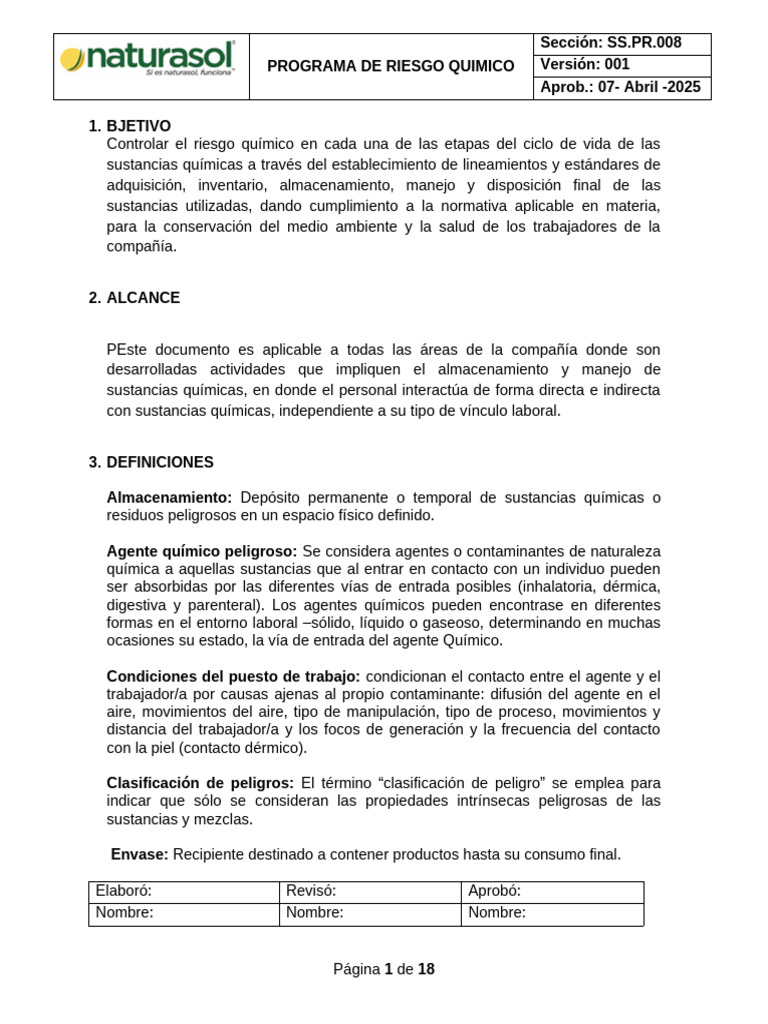 SS - PR.008 Programa Riesgo Quimico V.001 | PDF | Laboratorios