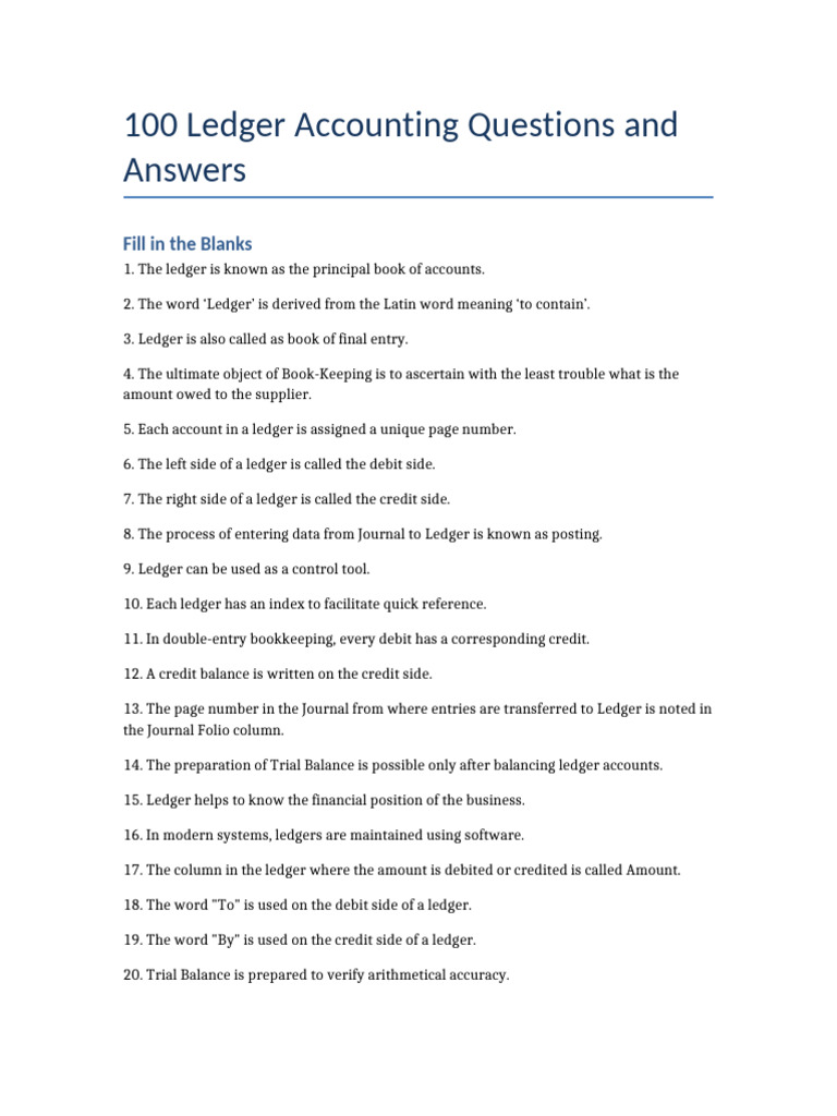 100 Ledger Accounting Questions & Answers | PDF | Debits And Credits ...