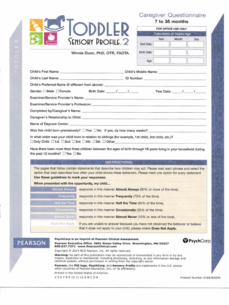 Toddler Sensory Profile 7 To 35 Months Questionnaire | PDF
