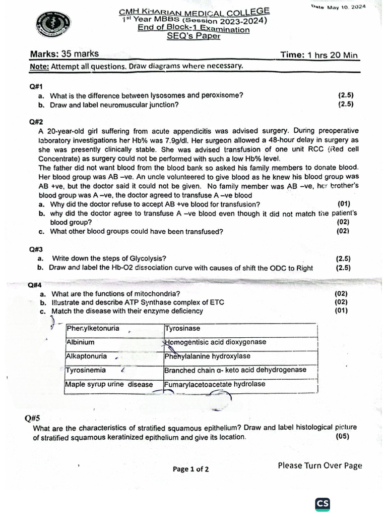 CKMC BLOCK 1+2 SEQs Paper | PDF