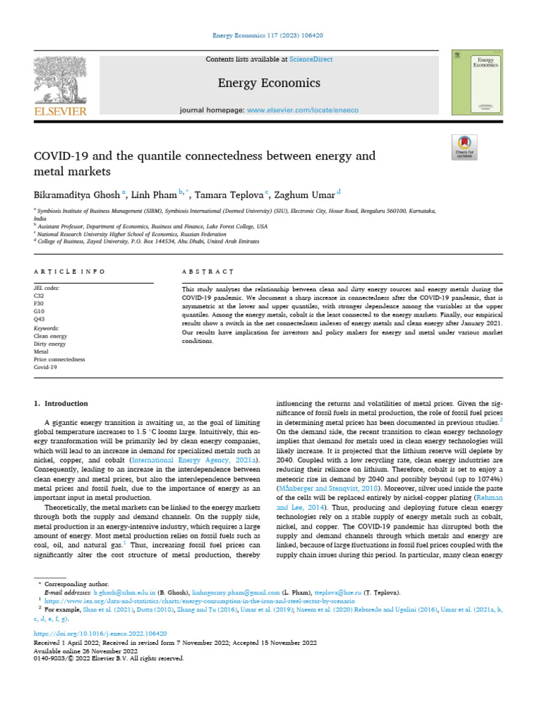 COVID 19 and The Quantile Connectedness | PDF | Sustainable Energy | Metals