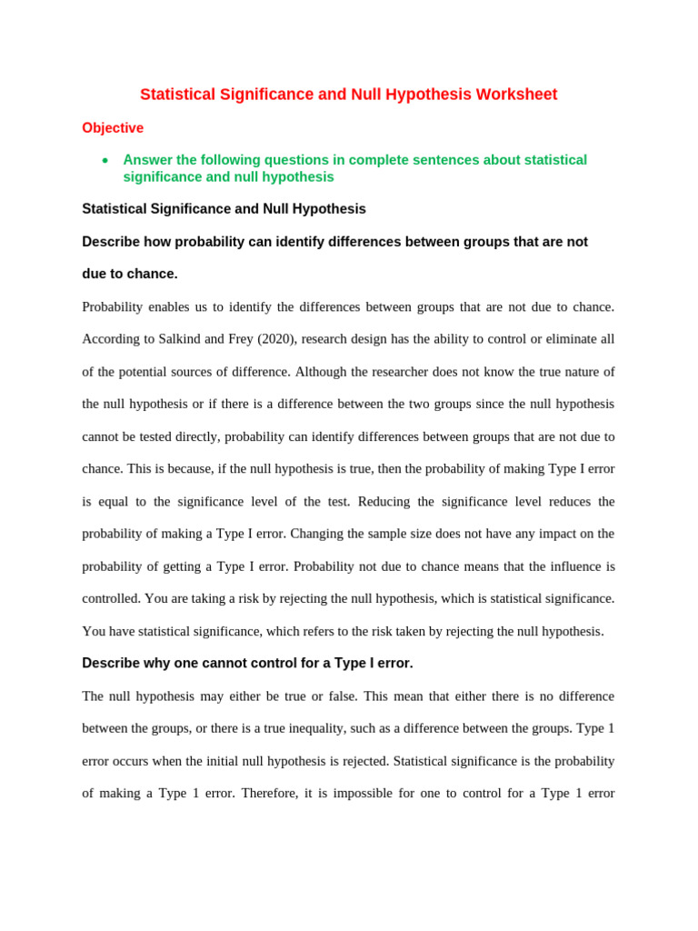 Statistical Significance and Null Hypothesis Worksheet | PDF | Statistical Significance | Type I ...