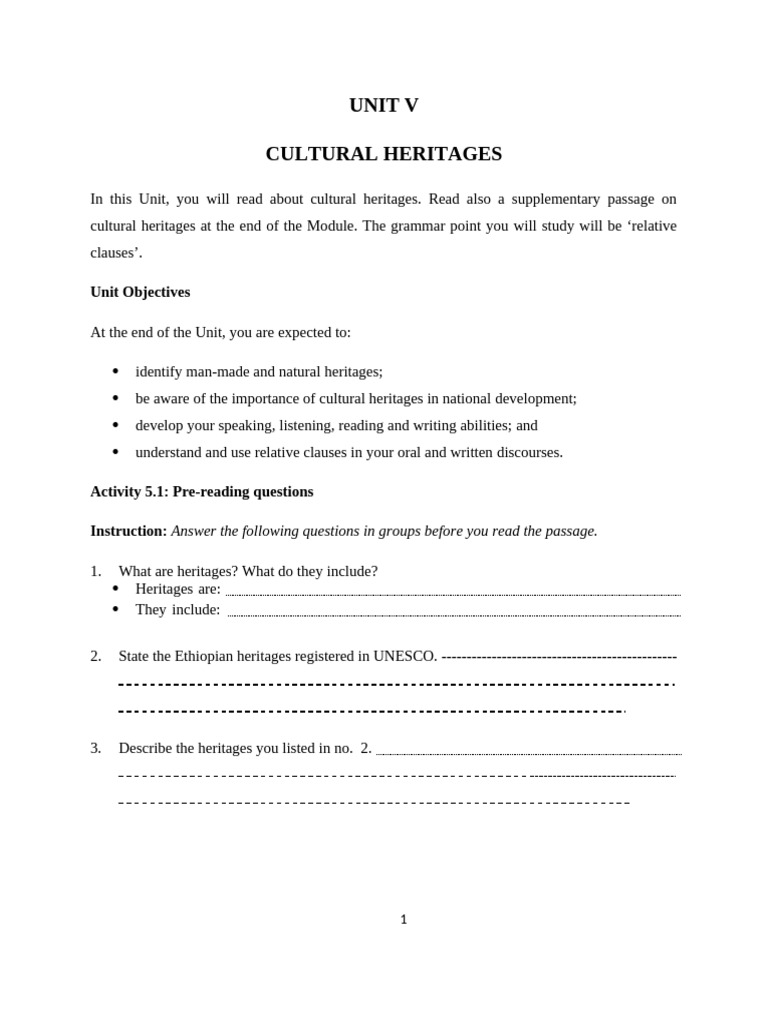 Unit 5 CULTURAL HERITAGES | PDF | Pronoun | Linguistics
