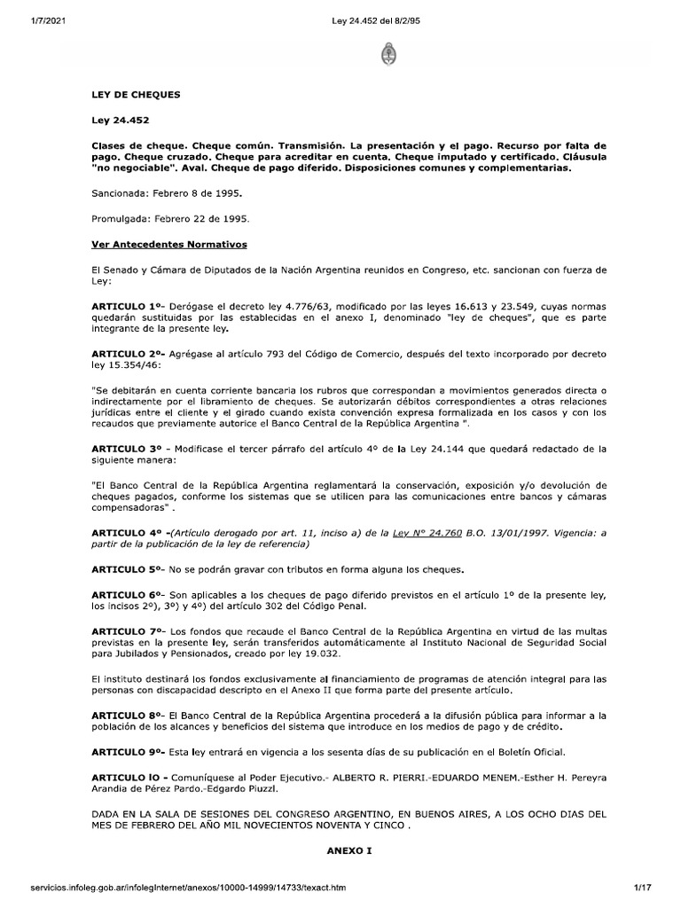 Ley de Cheques #24.452 | PDF