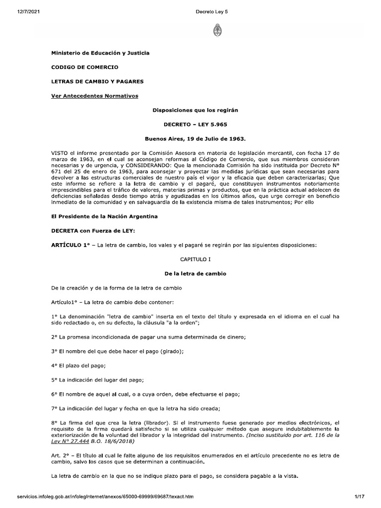 Decreto 5965 Letra de Cambio y Pagaré | PDF
