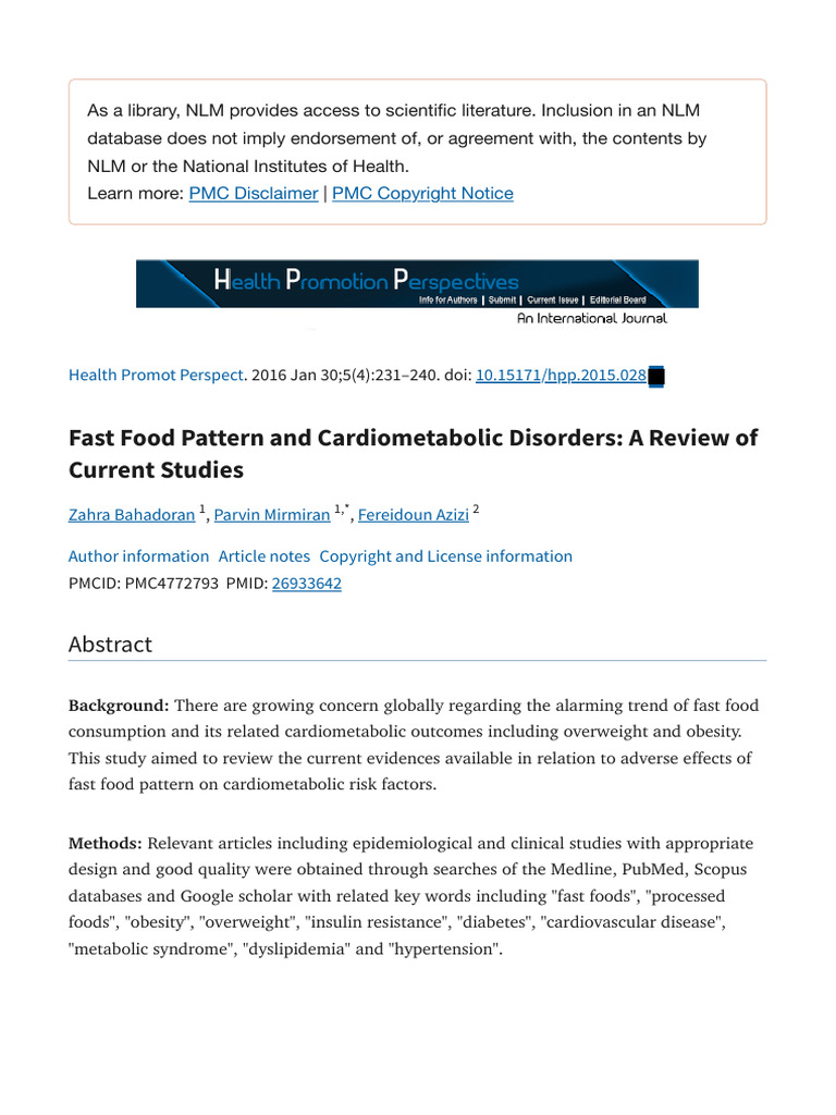 Fast Food Pattern and Cardiometabolic Disorders - A Review of Current ...
