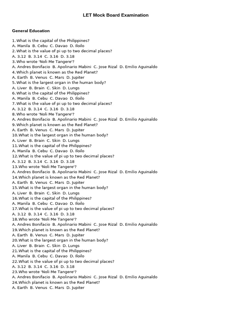 LET Mock Board Exam Questions | PDF | Constructivism (Philosophy Of ...