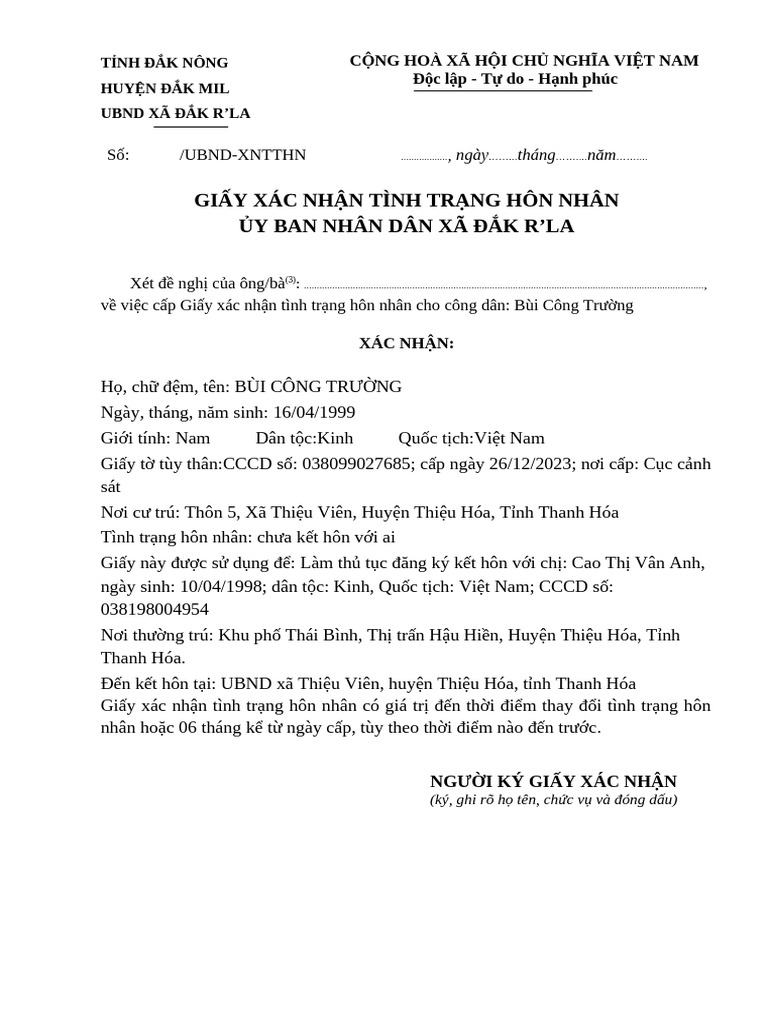Mau Giay Xac Nhan Tinh Trang Hon Nhan 0902102150 | PDF