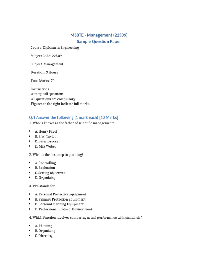 Management 22509 Sample 70 Marks Paper With Answers | PDF