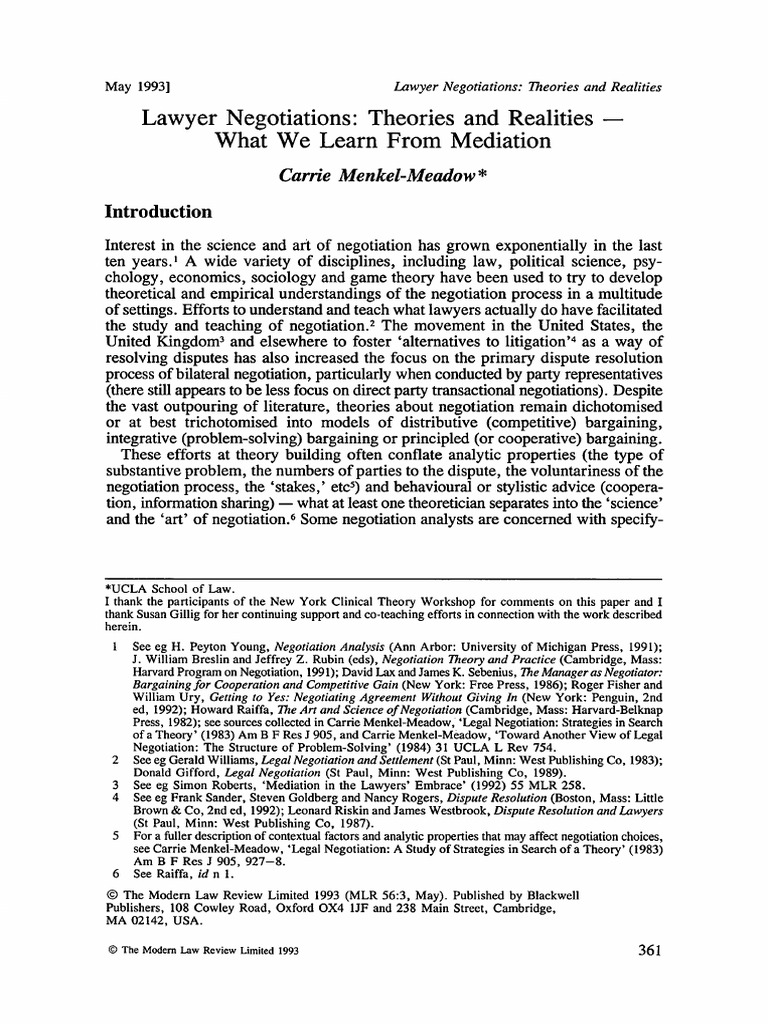 Modern Law Review - May 1993 - Menkel Meadow - Lawyer Negotiations ...