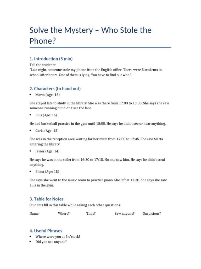 Solve The Mystery Class Activity | PDF