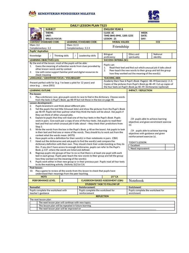 Friendship: Daily Lesson Plan Ts25 | PDF | Lesson Plan | Learning