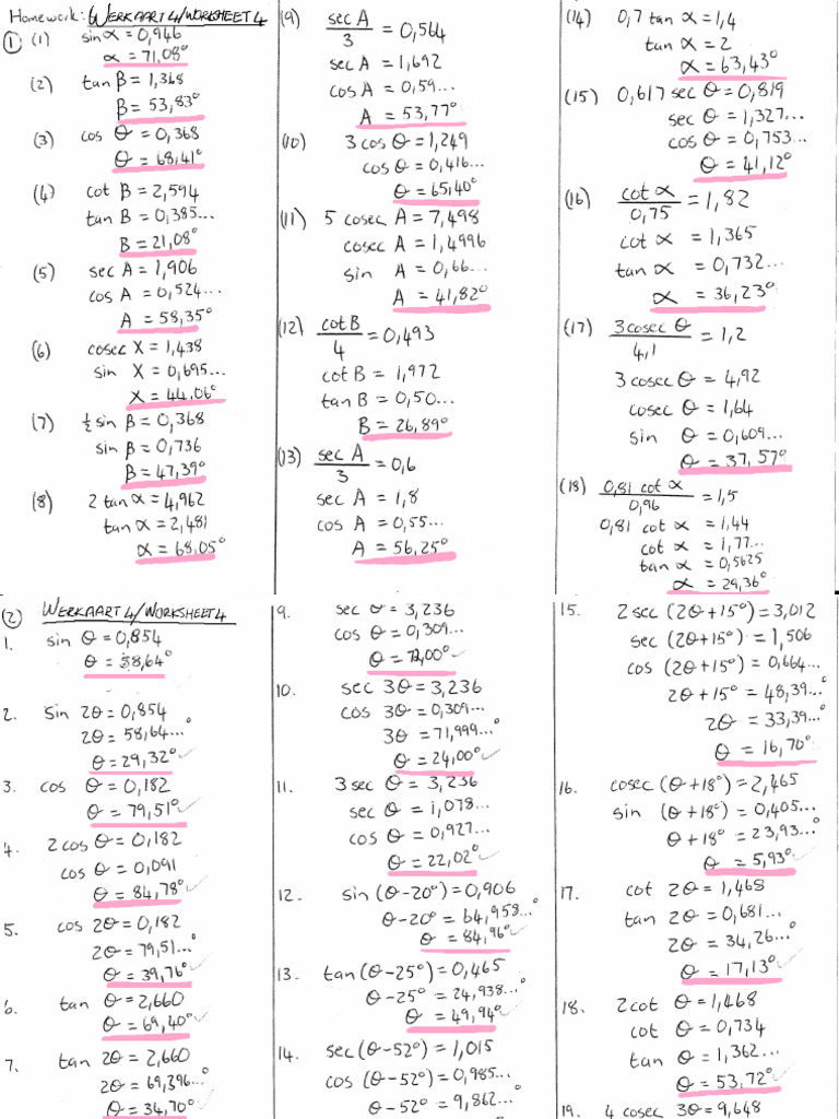 Trig Vergelykings Werkkaart 4 Memo - Trig Equations Worksheet 4 Memo | PDF