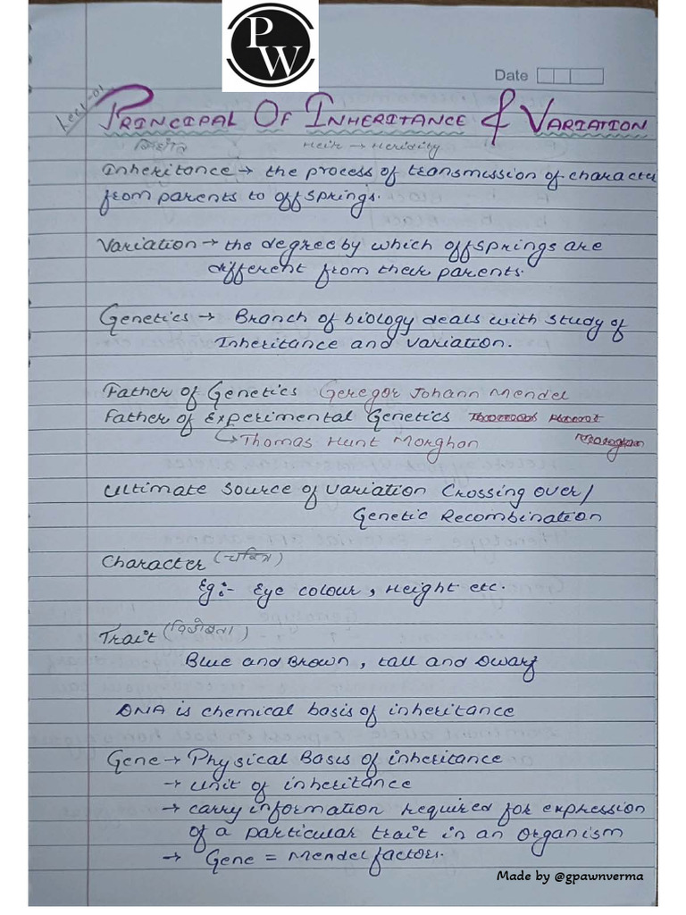 Principles of Inheritance and Variation _ Handwritten Notes __ Yakeen 2 ...