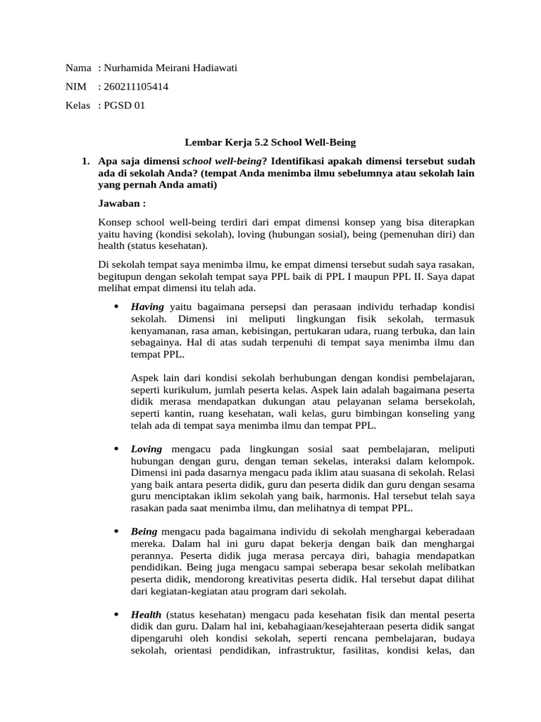 Lembar Kerja 5.2 School Well-Being - Nurhamida Meirani H. | PDF