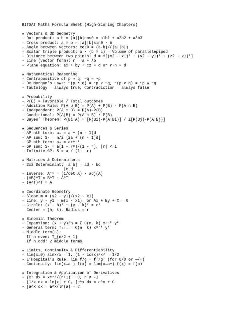 BITSAT Maths Formula Sheet | PDF