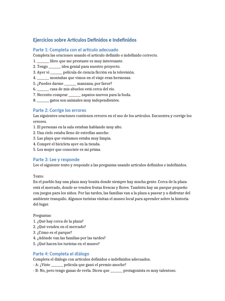 Ejercicios de Artículos en Español | PDF