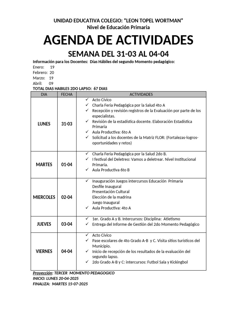 AGENDA. 2 Semanas. 3103 Al 0404 y 0804 Al 1204 | PDF