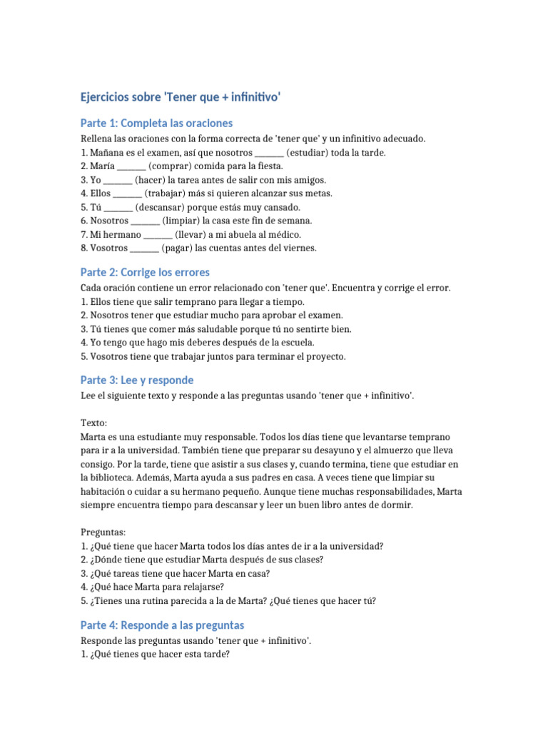 Ejercicios de 'Tener que + infinitivo' | PDF