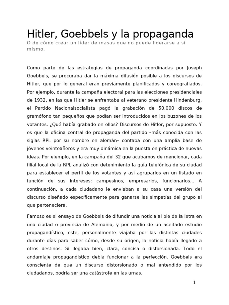 Propaganda de Hitler y Goebbels: Estrategias | PDF | Adolf Hitler ...