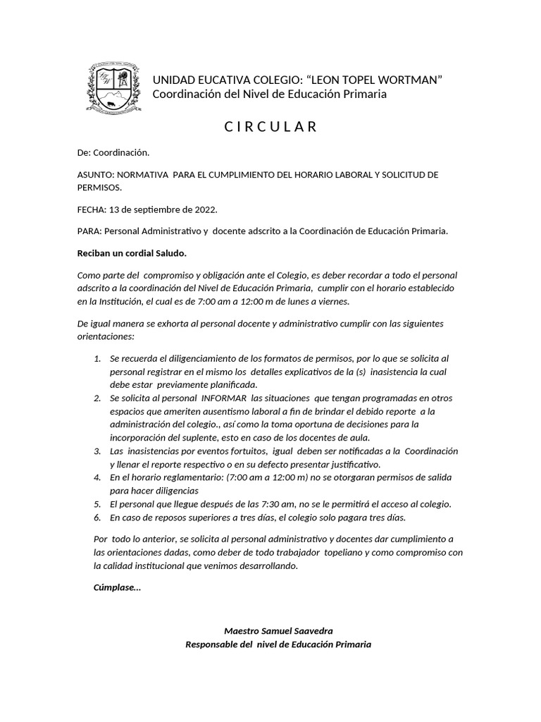 Circular Horario Laboral y Solicitud de Permisos | PDF