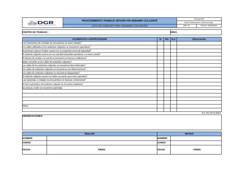 Checklist de Seguridad para Andamios Colgantes | PDF | Bienes ...