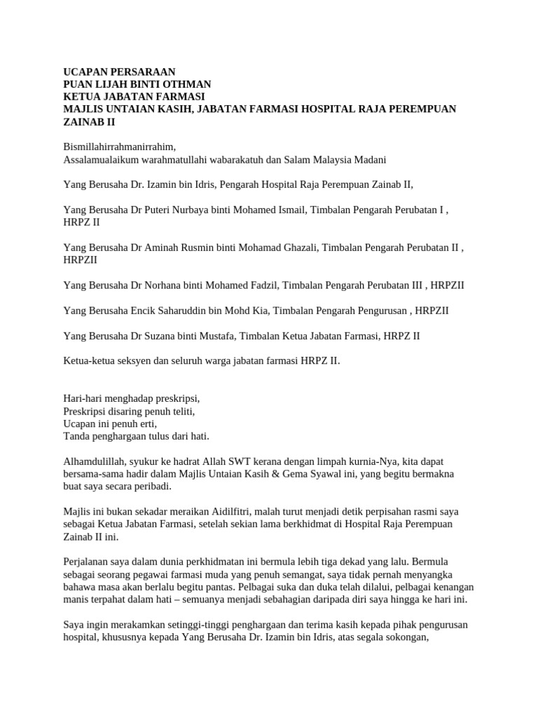 Ucapan Persaraan Puan Lijah Binti Othman | PDF