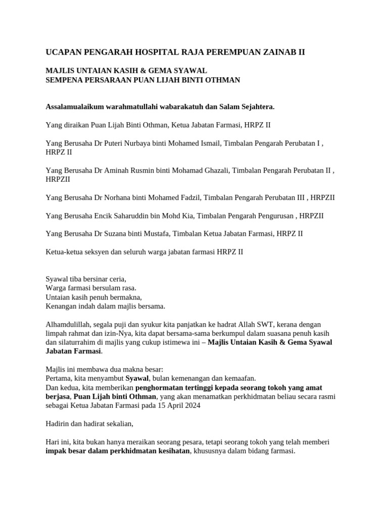 Ucapan Pengarah Hospital Raja Perempuan Zainab Ii | PDF