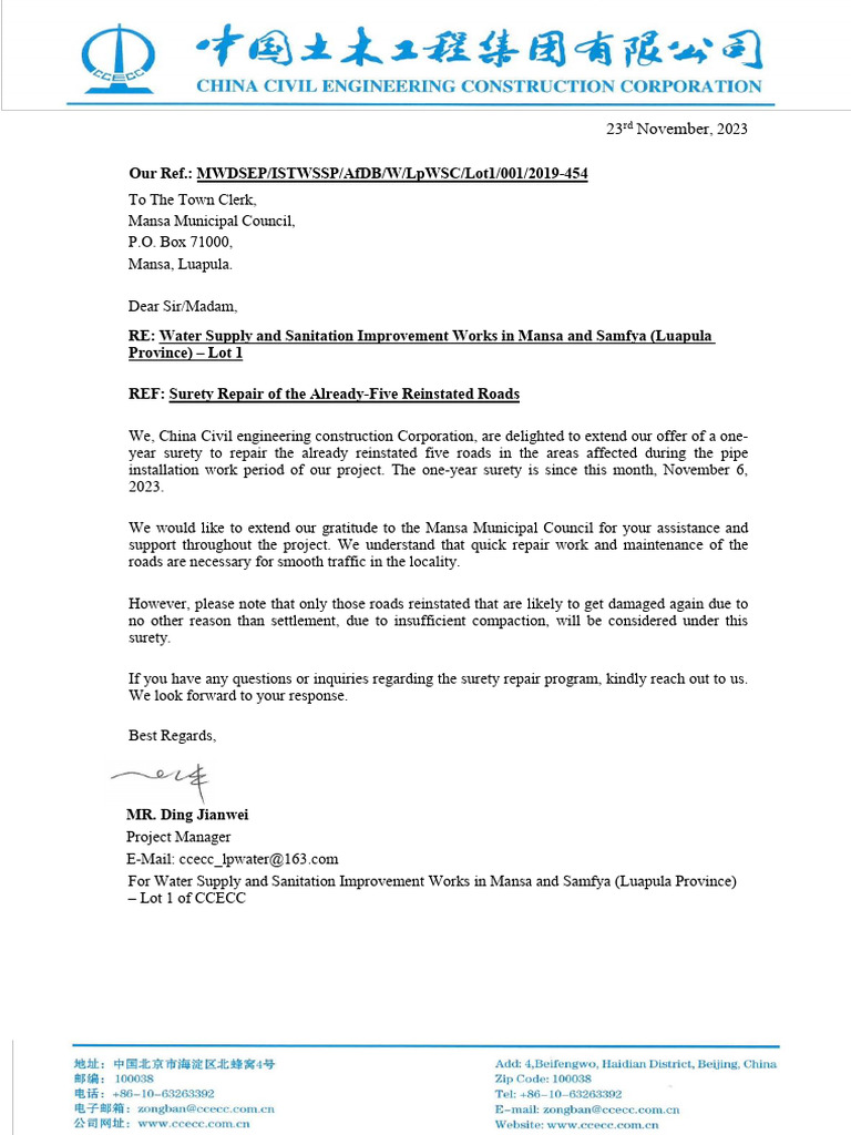 Surety for Road Repairs in Mansa | PDF
