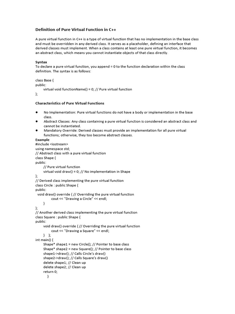 Definition of Pure Virtual Function in C++ | PDF