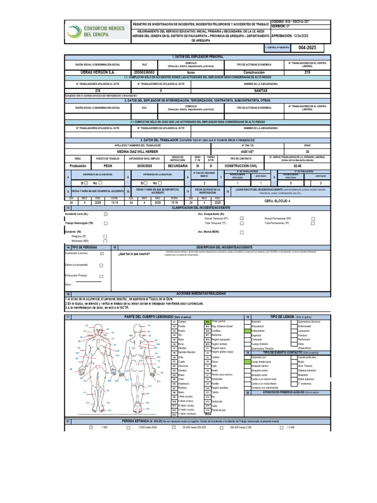 Registro de Investigacion de Accidente - Caso Will Medina Diaz - Obra Cenepa | PDF | Outsourcing