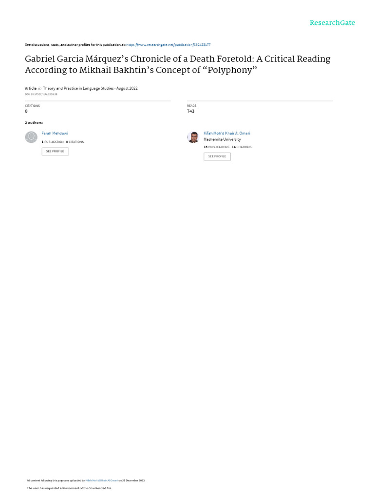 Gabriel Garcia Marquezs Chronicle of A Death Fore | PDF