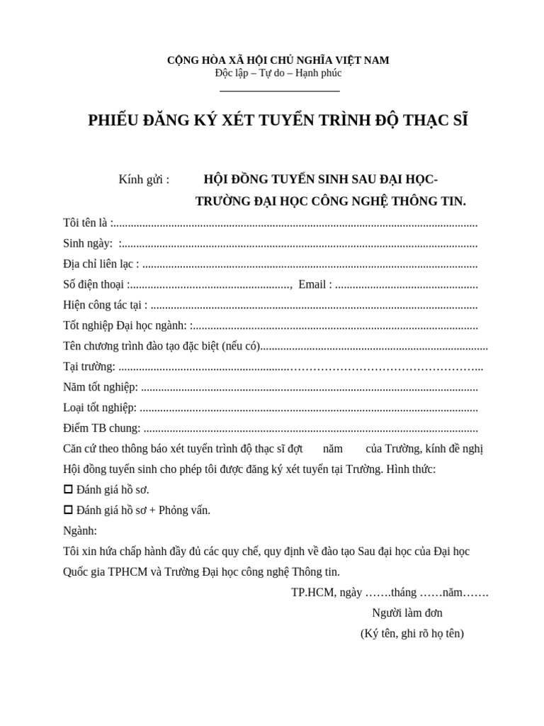 Phieu Dang Ky Xet Tuyen | PDF