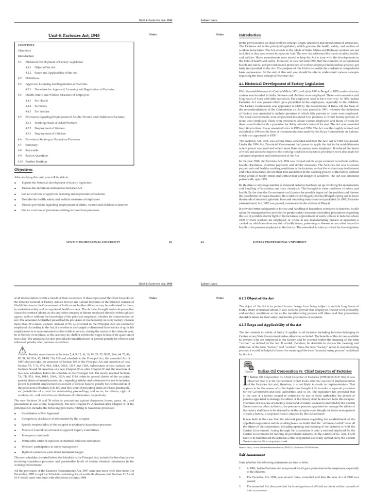 Overview of the Factories Act, 1948 | PDF | Occupational Safety And ...
