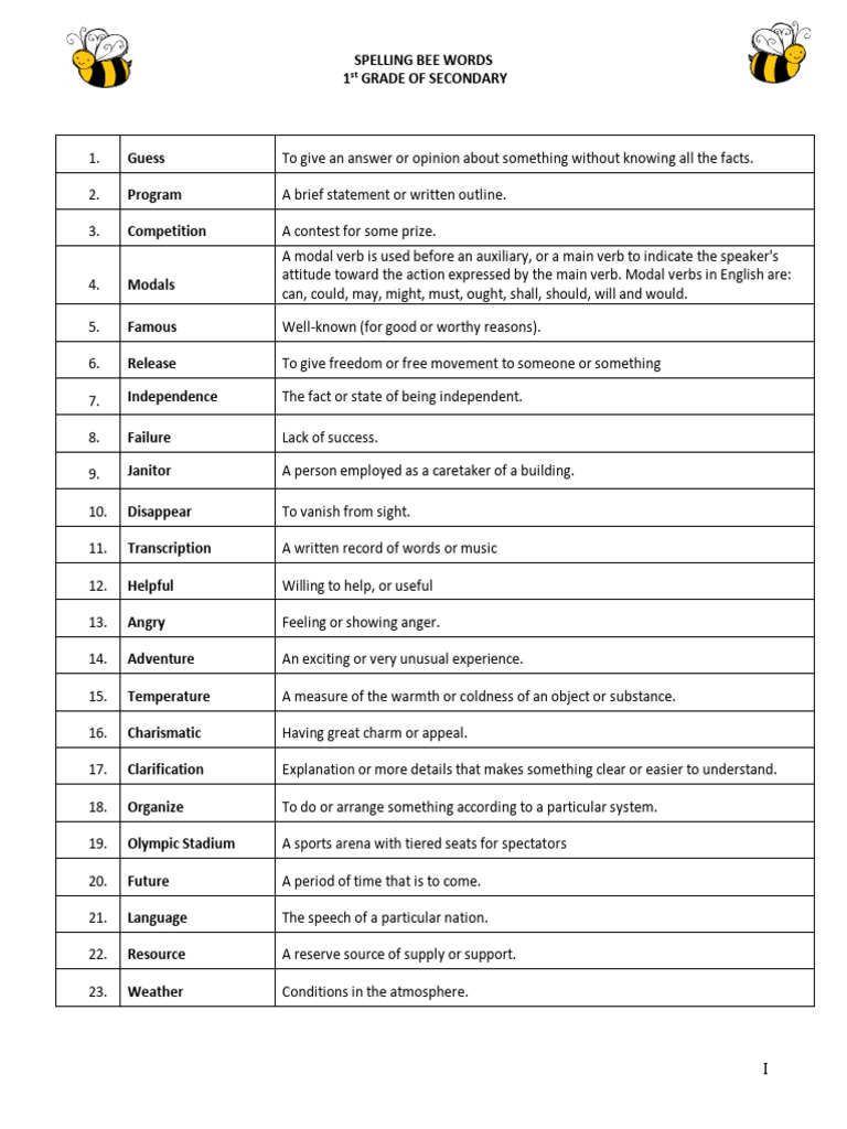 Anexo 3 SPELLING BEE Words 1st Grade Secondary | PDF | Word | Verb