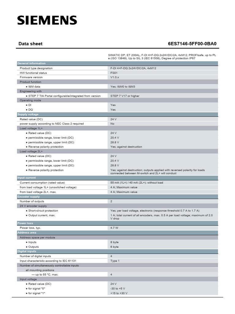 Siemens ET 200AL F-DI 4+F-DQ Data Sheet | PDF | Power Supply ...