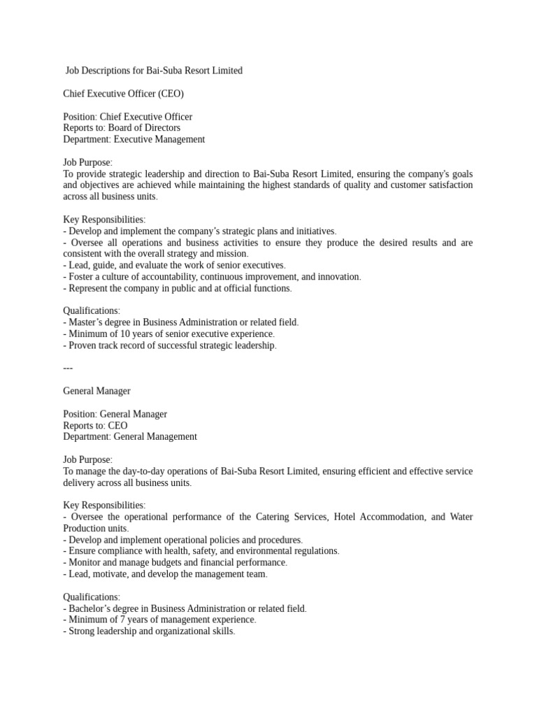 Job Descriptions for Bai-Suba Resort Roles | PDF | Procurement ...
