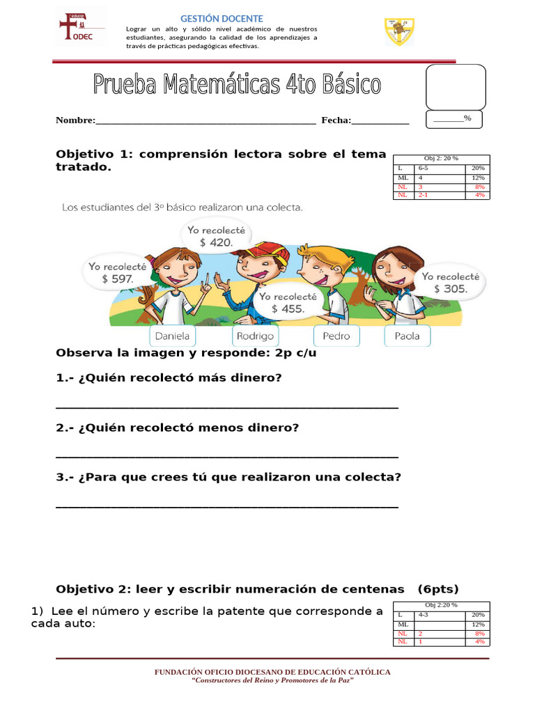 Prueba Numeracion 4to Basico | PDF | Aprendizaje | Pedagogía