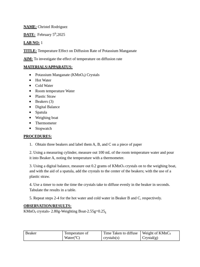 Lab No 1-Diffusion Rate | PDF | Temperature | Diffusion