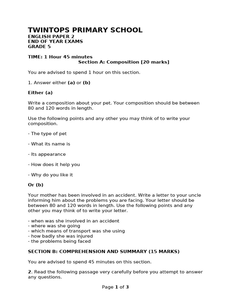 Twintops Grade 5 English Paper 2 | PDF